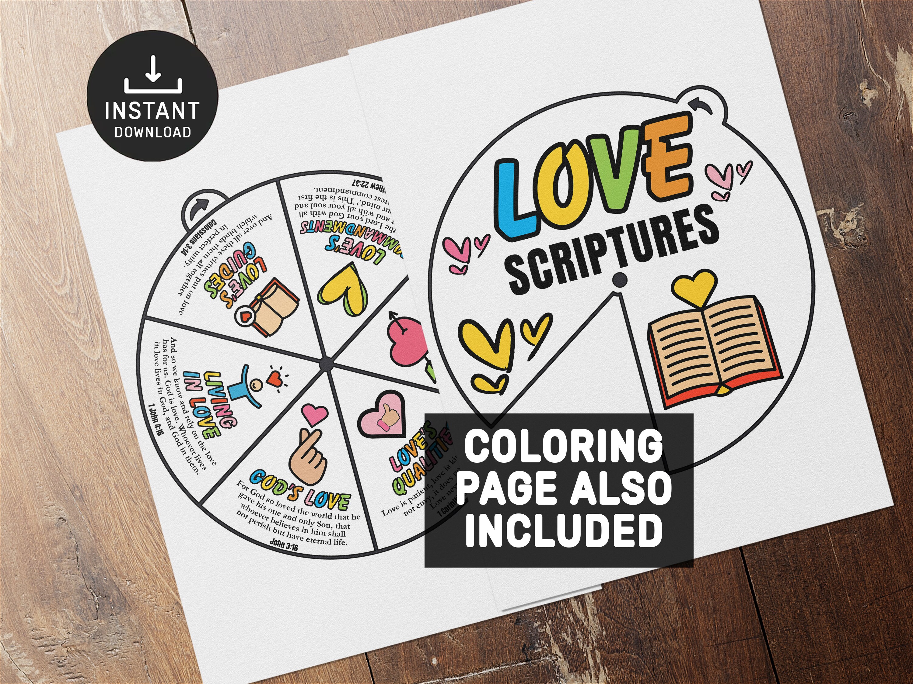 Love Scripture Coloring Wheel, Printable Bible Valentine Activity, Kids ...
