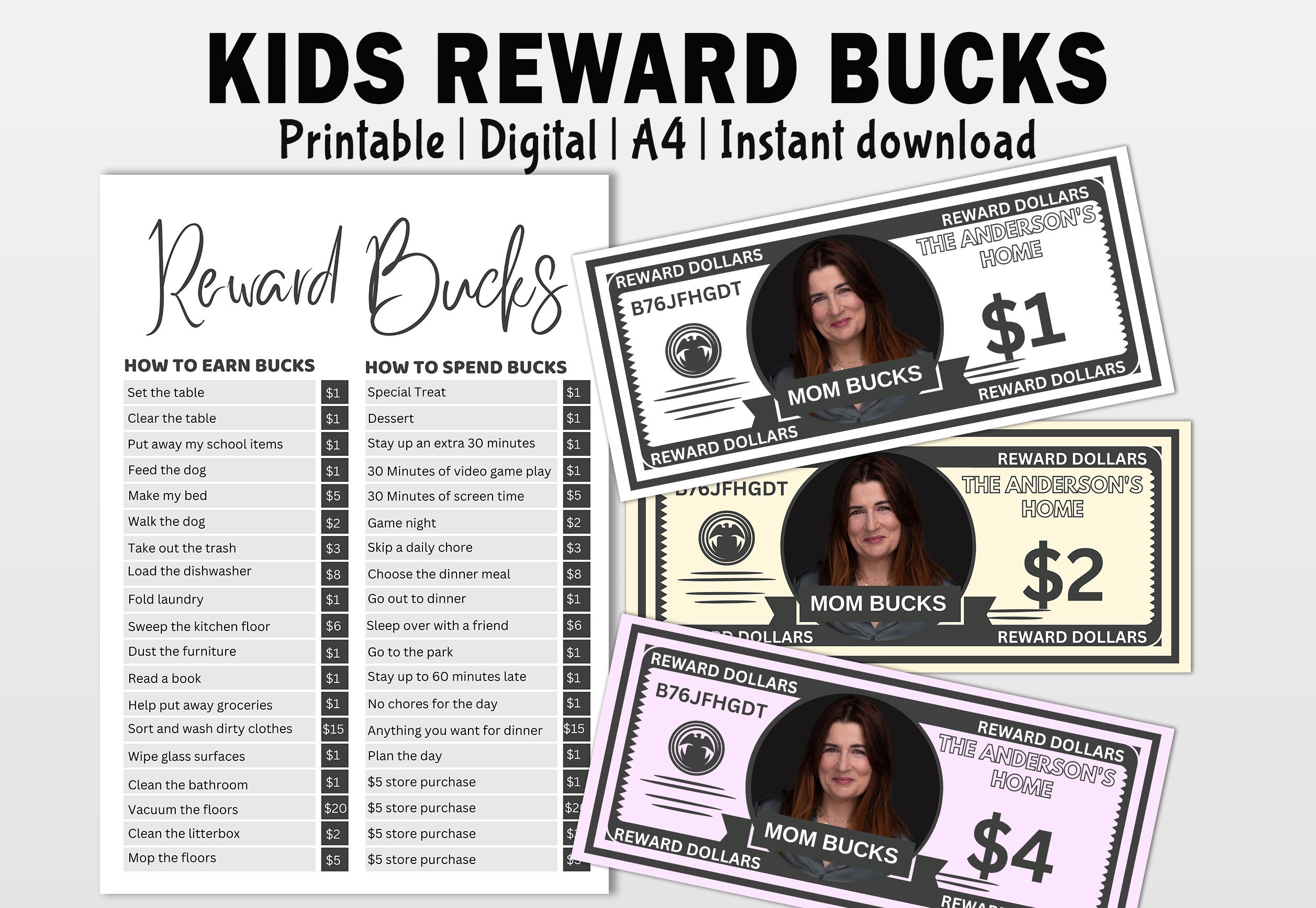 Reward Bucks for Kids DIGITAL Reward System Play Money Chore Chart Page ...