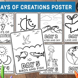 The 7 Days of Creation Flash Card, Printable Bible Activity, Watercolor ...