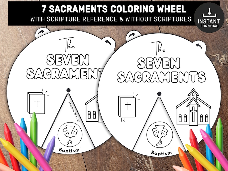 7 Sacraments Coloring Wheel, Printable Bible Verse Activity, Watercolor ...