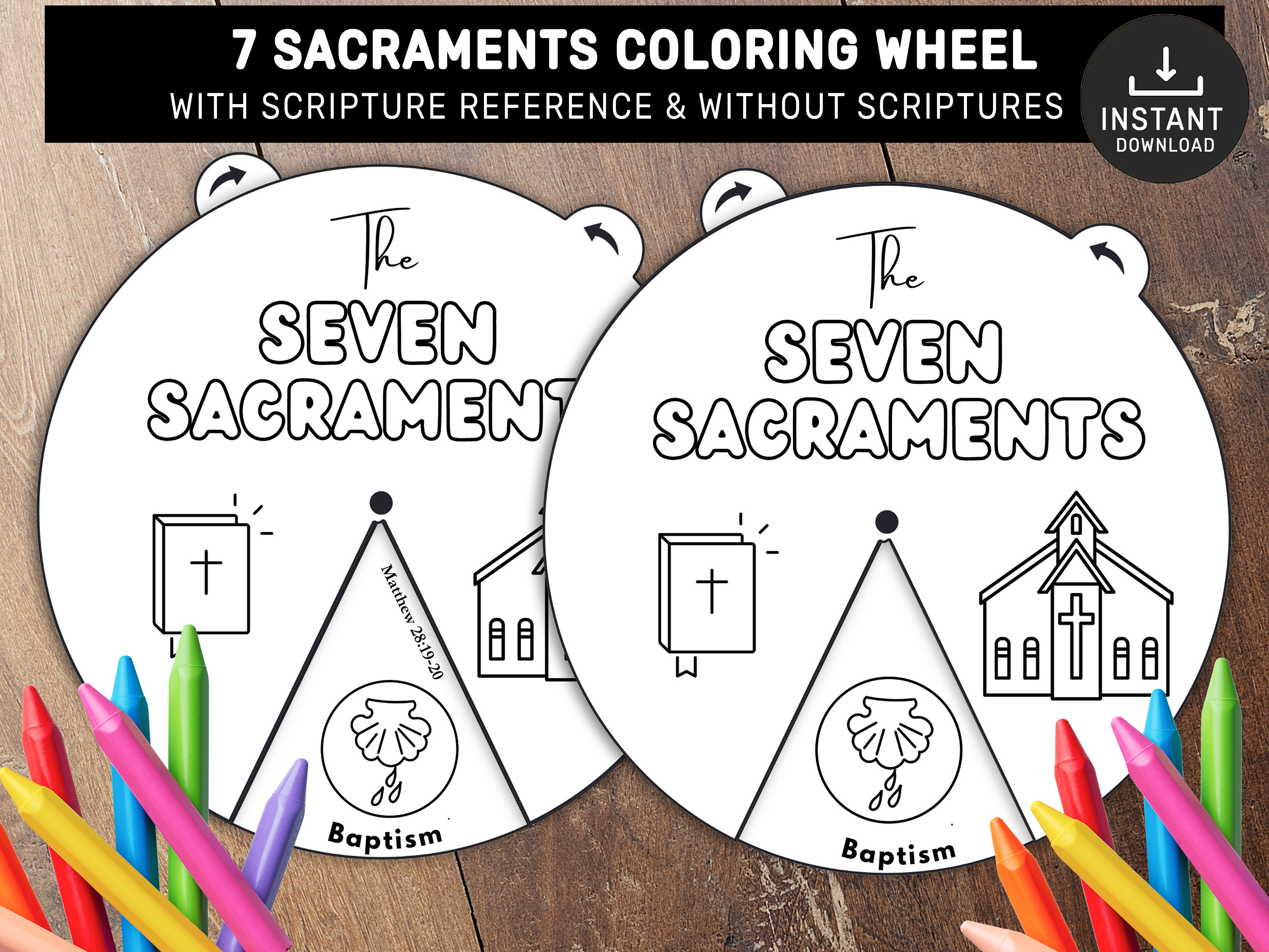 7 Sacraments Coloring Wheel, Printable Bible Verse Activity, Watercolor ...