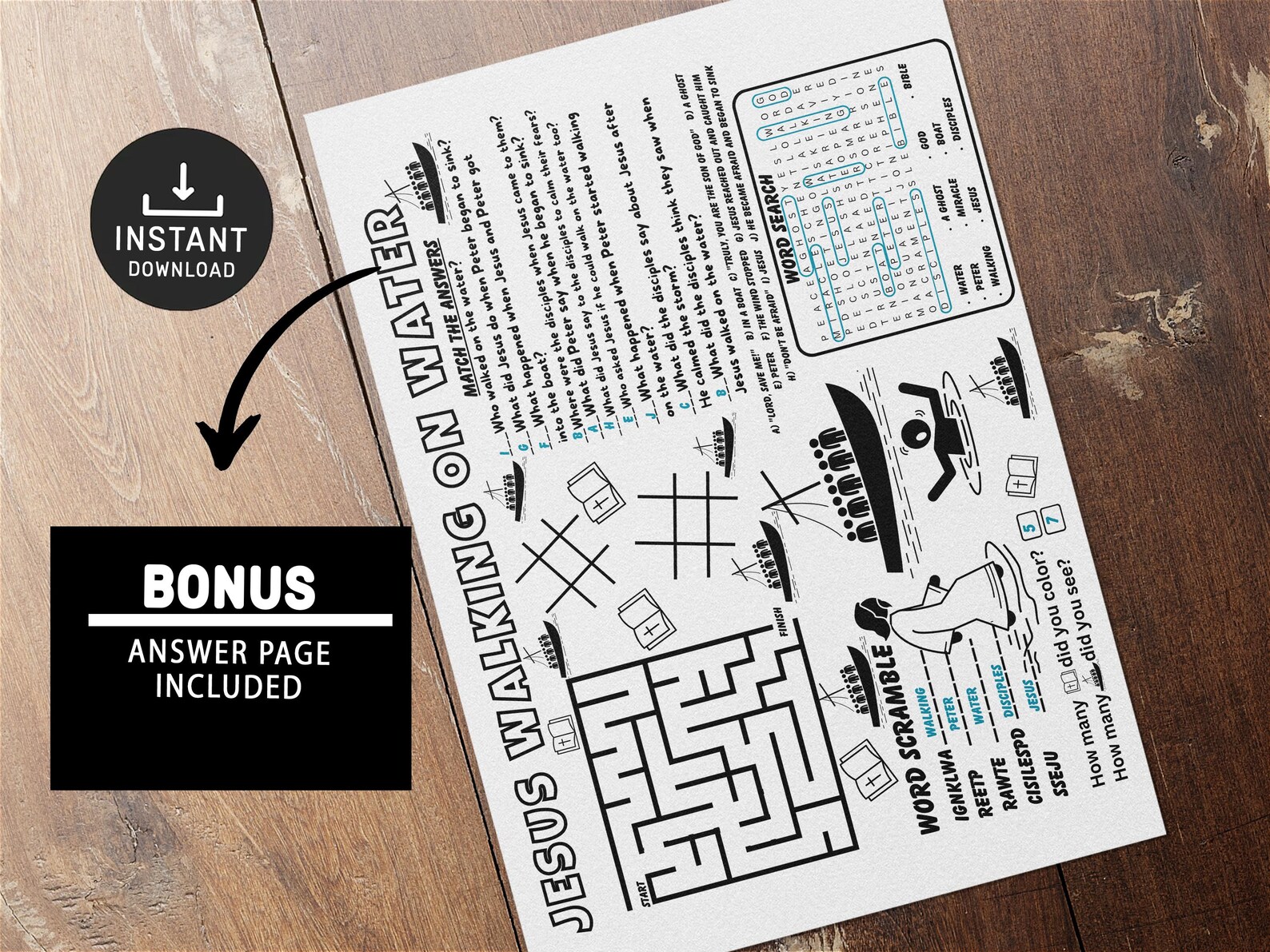 Jesus Walks on Water Activity Placemat, Bible Activity, Sunday School ...