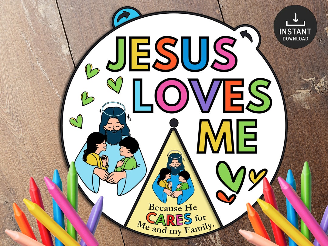 Jesus Loves Me Coloring Wheel, Printable Bible Activity, Watercolor ...