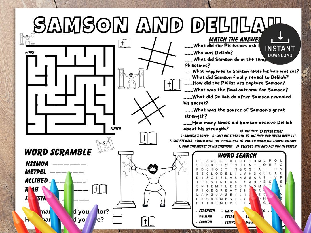 Samson and Delilah Activity Placemat, Bible Activity, Sunday School ...