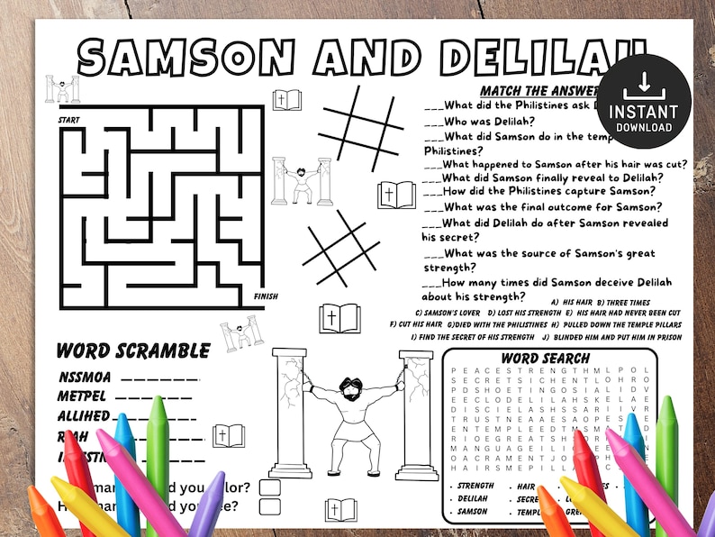 Samson and Delilah Activity Placemat, Bible Activity, Sunday School ...