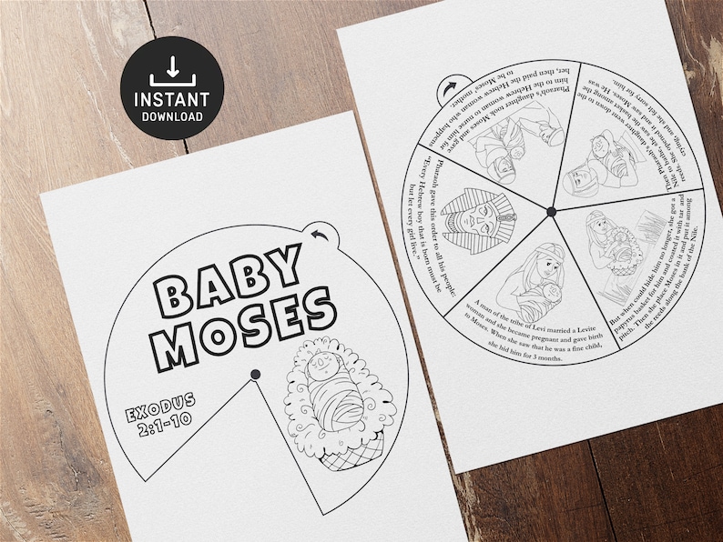 Baby Moses Coloring Wheel, Printable Bible Activity, Watercolor, Kids ...