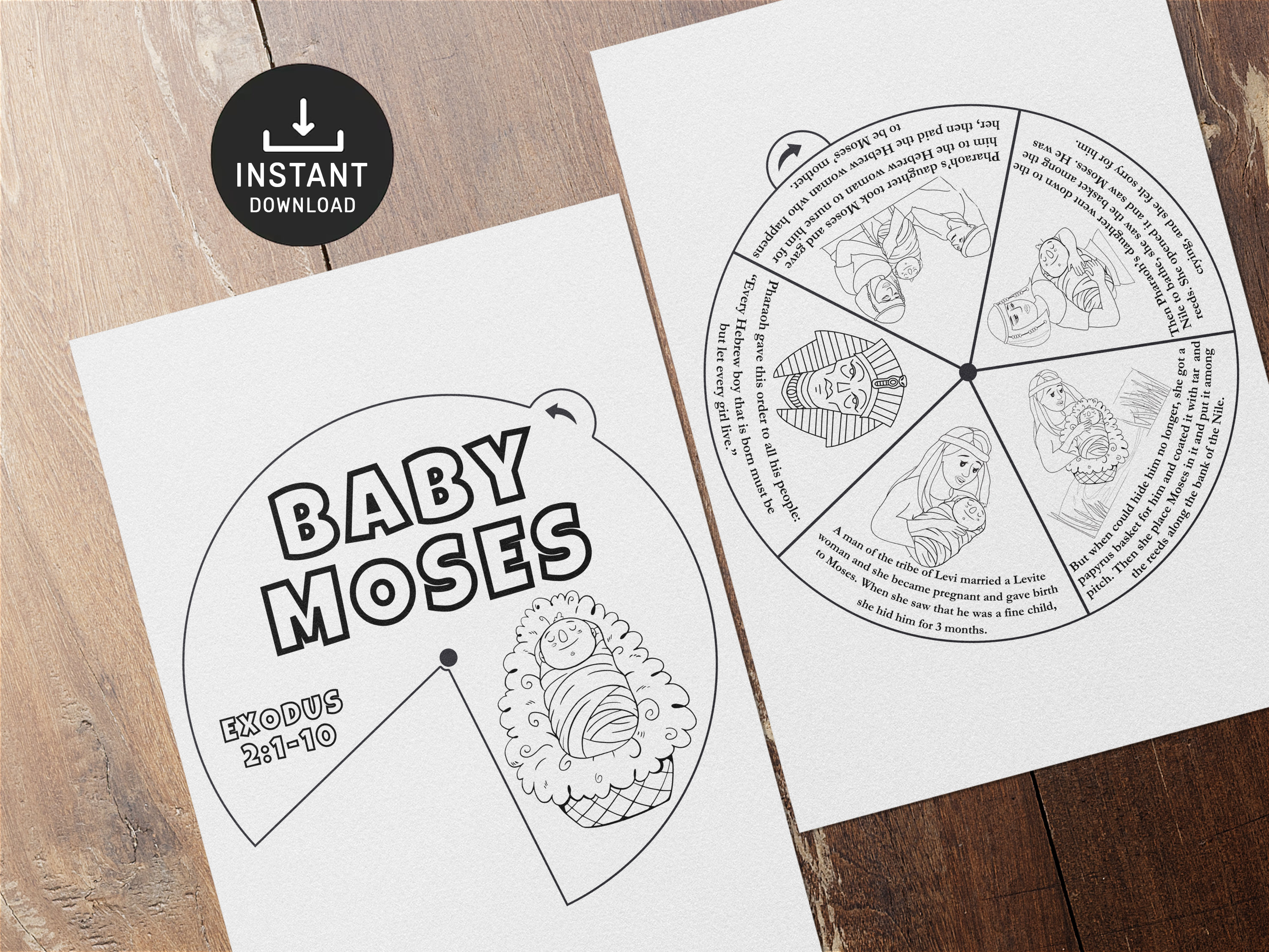 Baby Moses Coloring Wheel, Printable Bible Activity, Watercolor, Kids ...