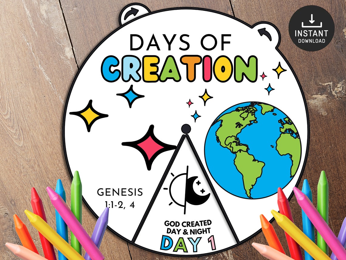Days of Creation Coloring Wheel, Bible Activity, Kids Bible Lesson ...