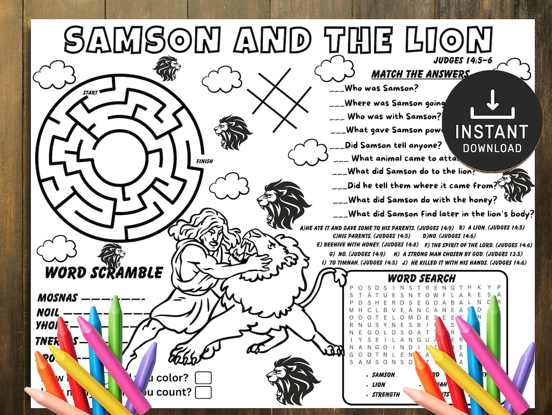 Samson and the Lion Activity Placemat, Bible Activity, Sunday School ...