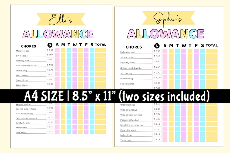 Editable Allowance Tracker Kids Earn Money Chart Daily Weekly Allowance ...