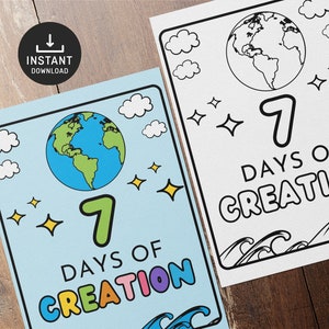 The 7 Days of Creation Flash Card, Printable Bible Activity, Watercolor ...