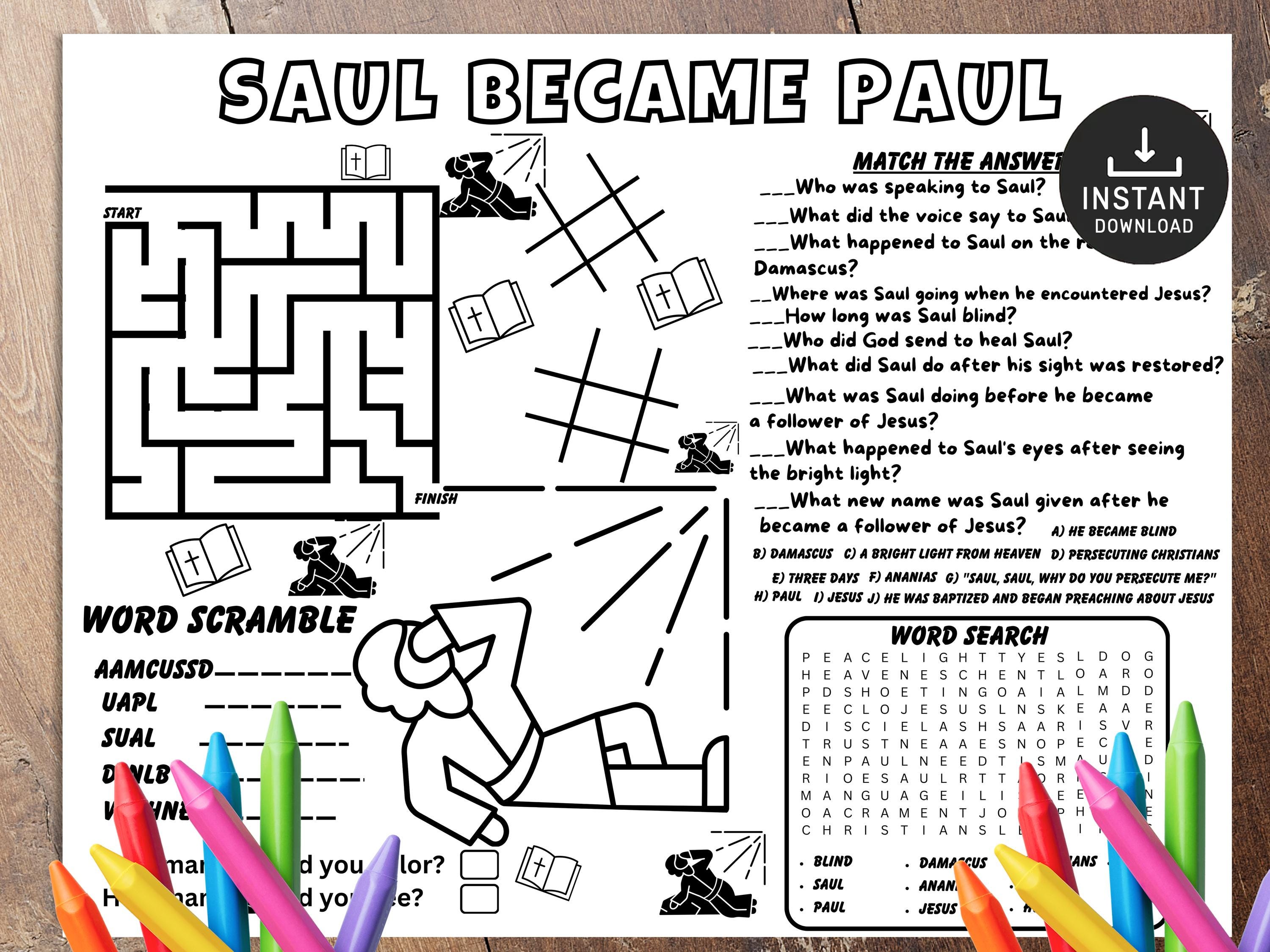 Saul Becomes Paul Activity Placemat, Bible Activity, Sunday School ...
