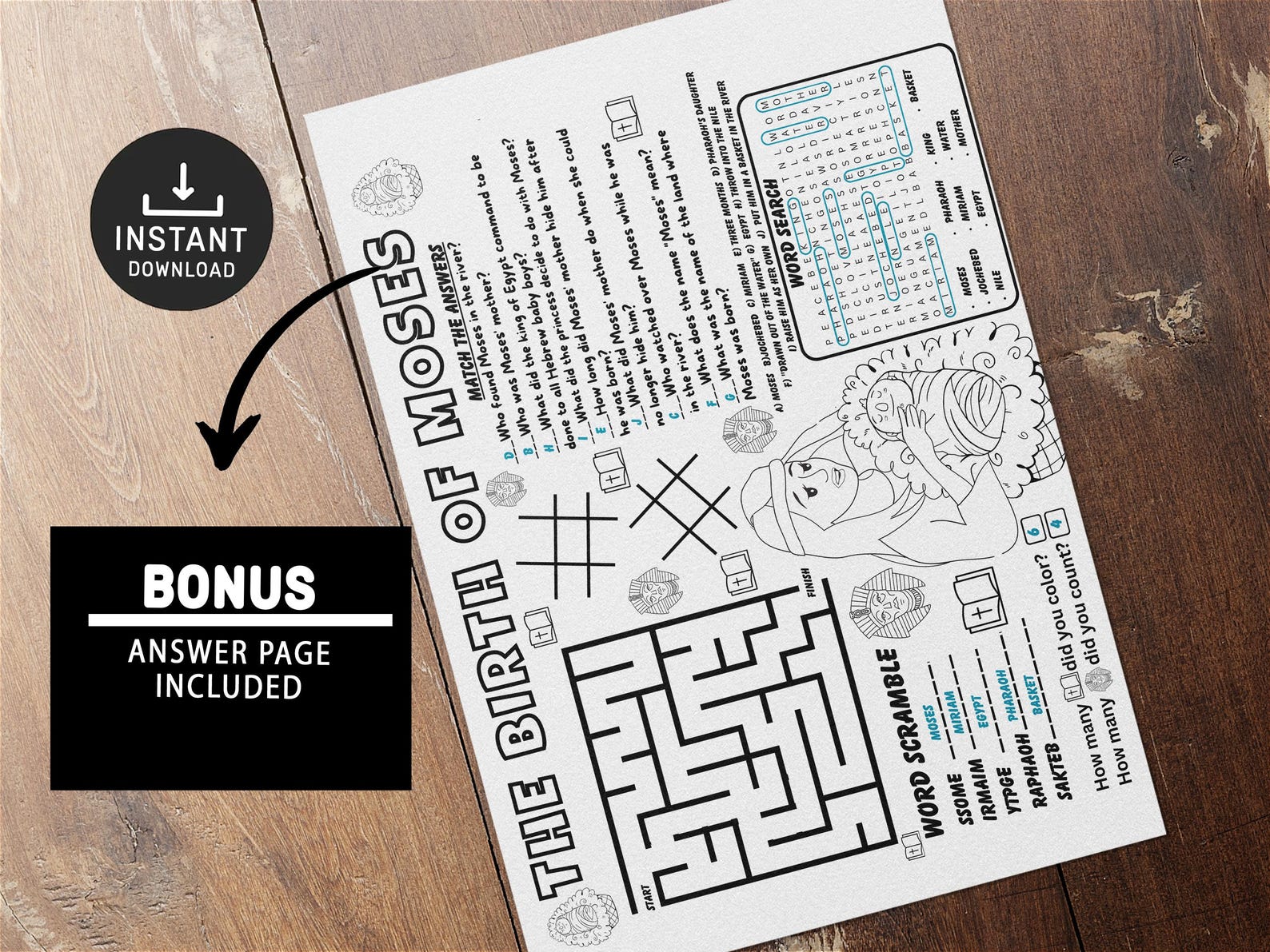 Birth of Moses Activity Placemat, Bible Activity, Sunday School, Bible ...