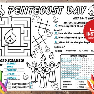 Pentecost Activity Placemat, Acts 2 Bible Lesson, Kid Pentecost Lesson ...