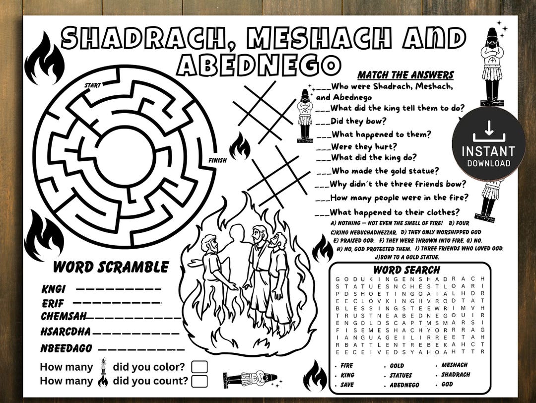 Shadrach Meshach Abednego, Activity Placemat, Bible Activity, Sunday ...