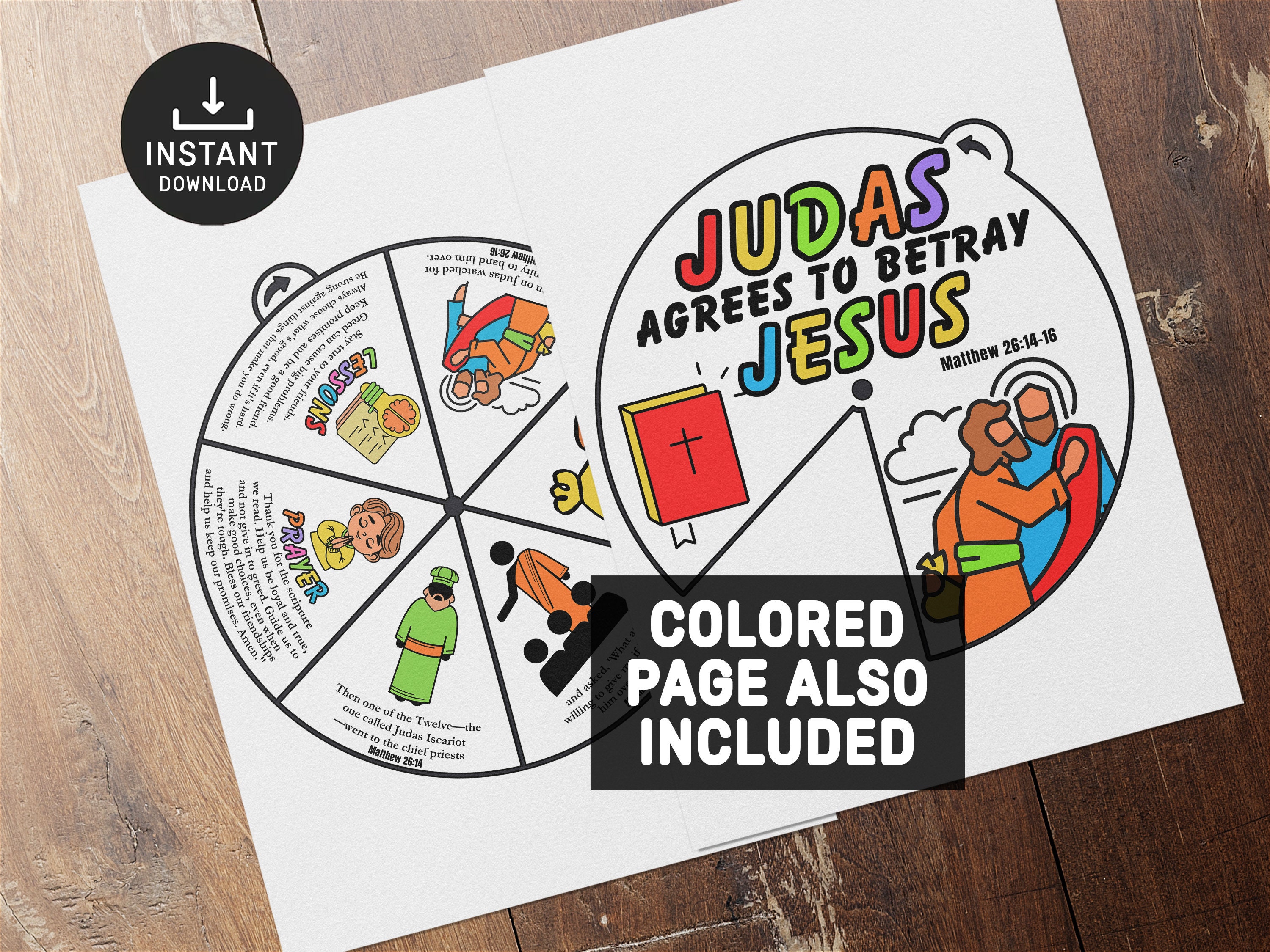 Judas Betrays Jesus Coloring Wheel Easter Bible Story Lesson Wheel ...