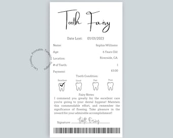 Editable Tooth Fairy Receipt Printable Certificate | Realistic Tooth ...