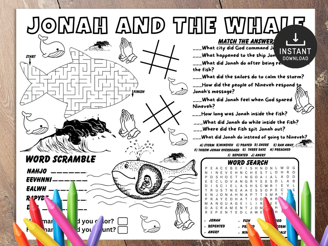 Jonah and the Whale Activity Placemat, Bible Activity, Sunday School ...
