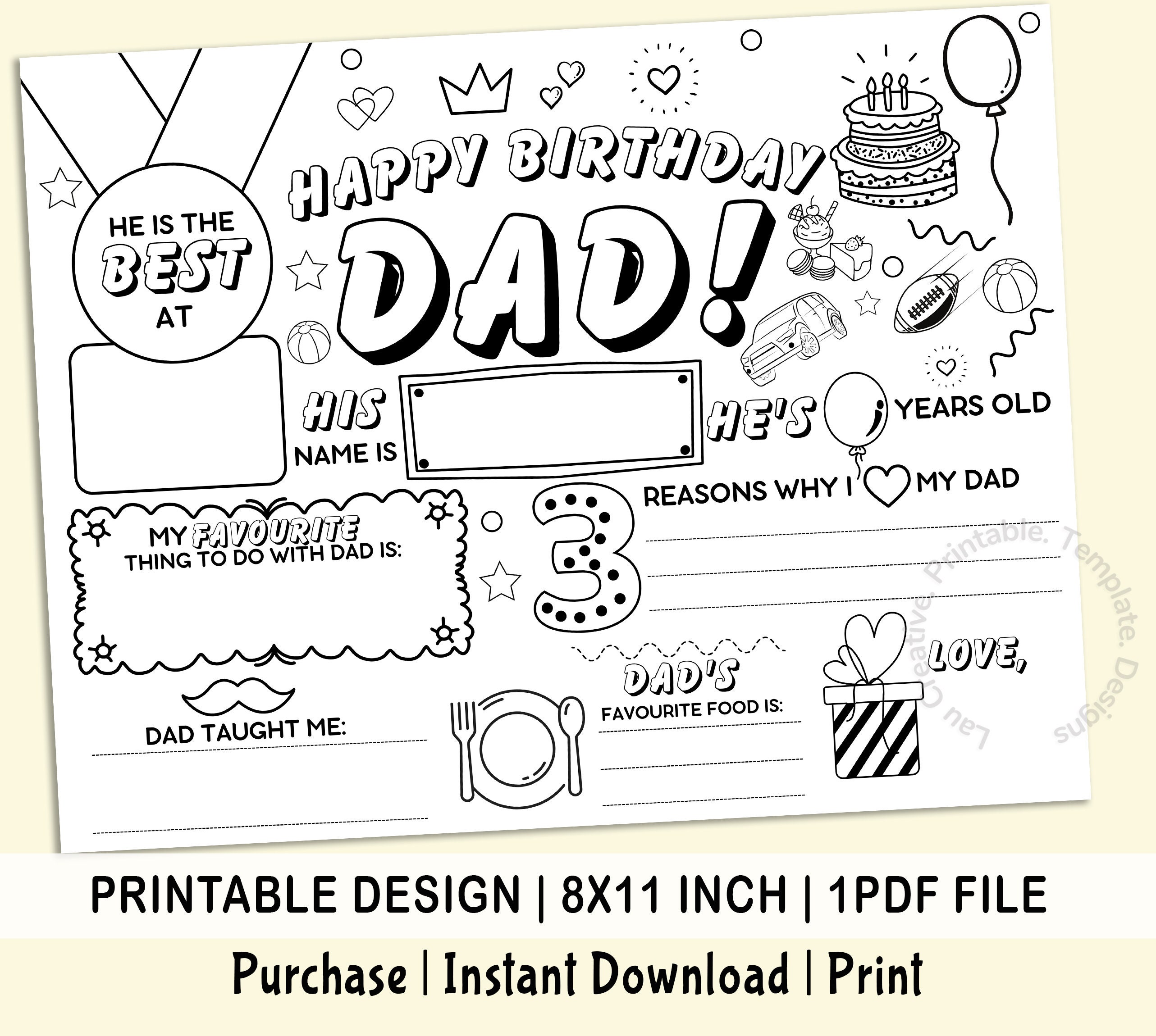 Happy Birthday Dad Coloring Page Printable All About Dad - Etsy Canada