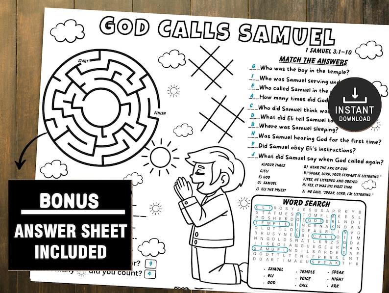 God Calls Samuel Activity Placemat, Sunday School, Bible Placemat ...