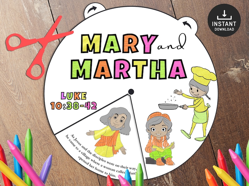 Mary and Martha With Jesus Coloring Wheel, Printable Bible Activity, Watercolor, Kids Bible ...