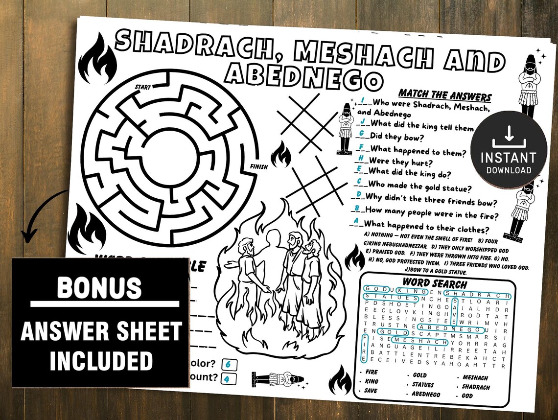 Shadrach Meshach Abednego, Activity Placemat, Bible Activity, Sunday ...