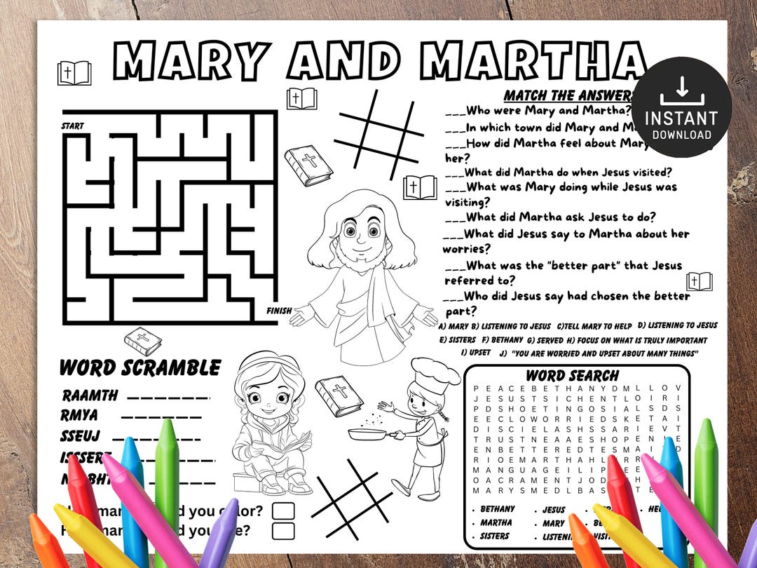 Martha and Mary Activity Placemat, Bible Activity, Sunday School, Bible ...