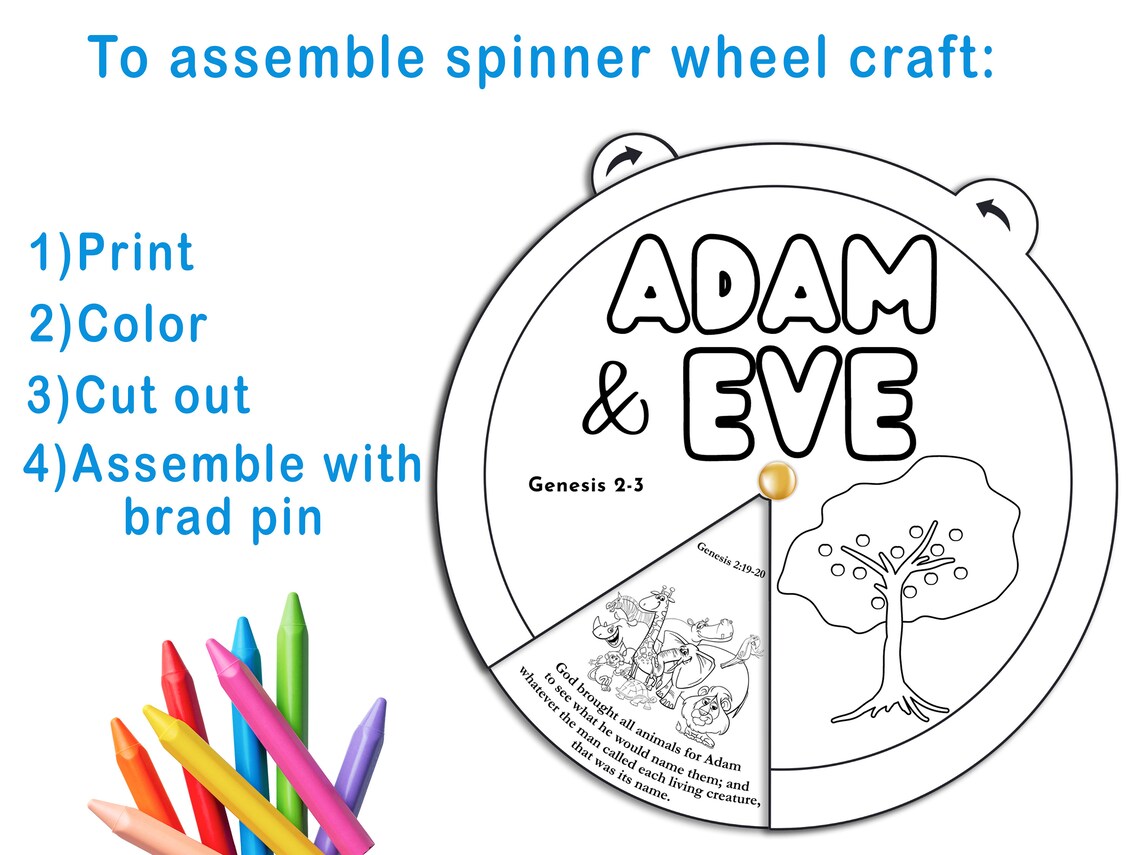 Adam and Eve Coloring Wheel, Printable Bible Activity, Watercolor, Kids ...