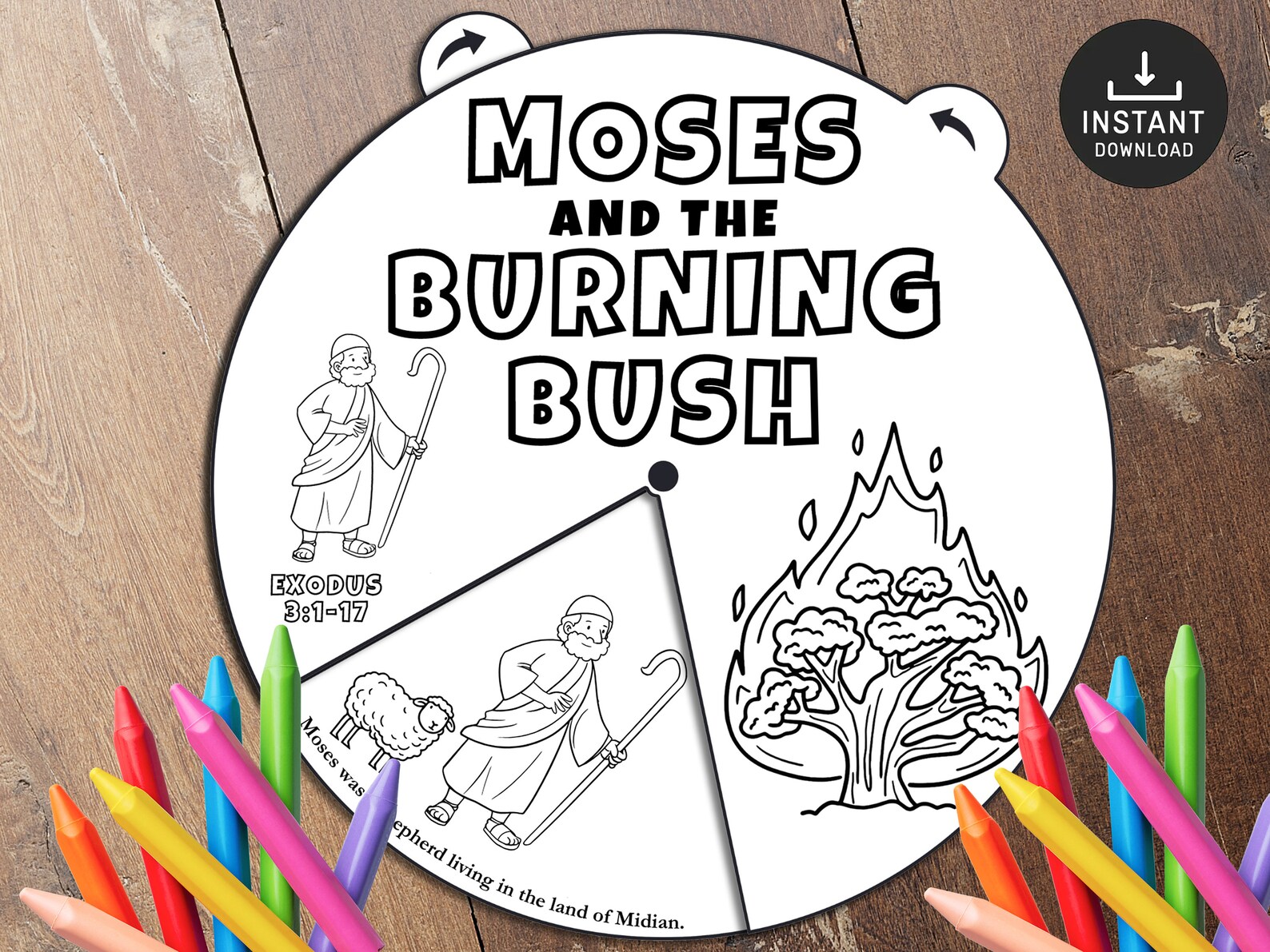Moses and the Burning Bush Coloring Wheel, Printable Bible Activity ...