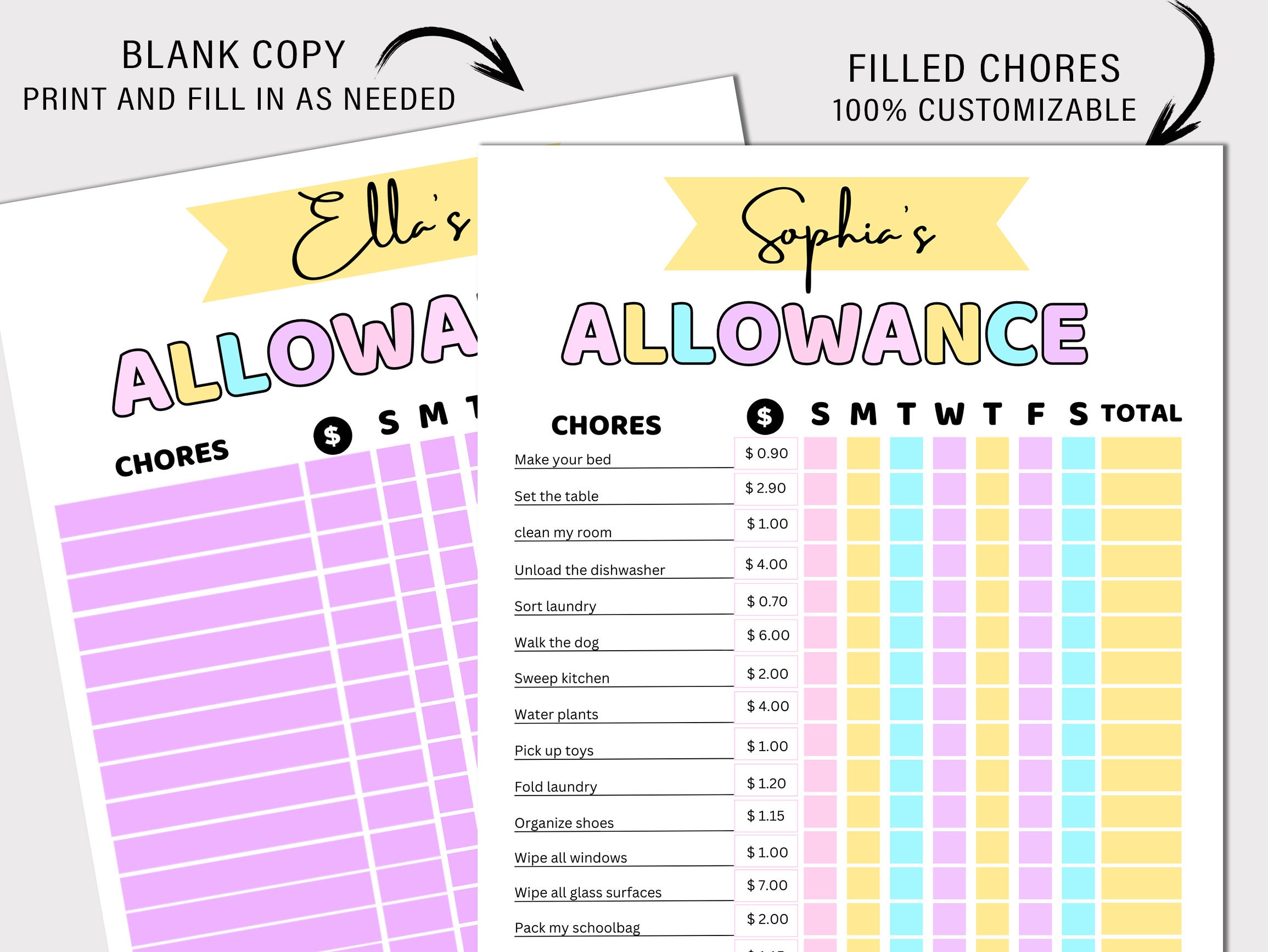 Editable Allowance Tracker Kids Earn Money Chart Daily Weekly Allowance ...