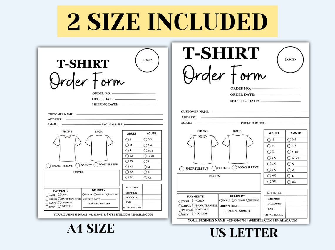 Editable T-shirt Order Form Template, Printable Small Business Order ...