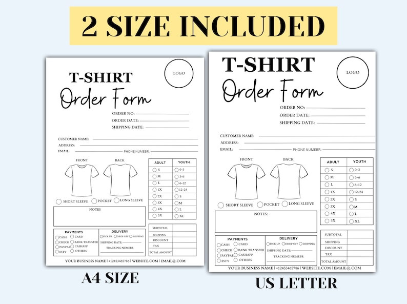 Editable T-shirt Order Form Template, Printable Small Business Order ...