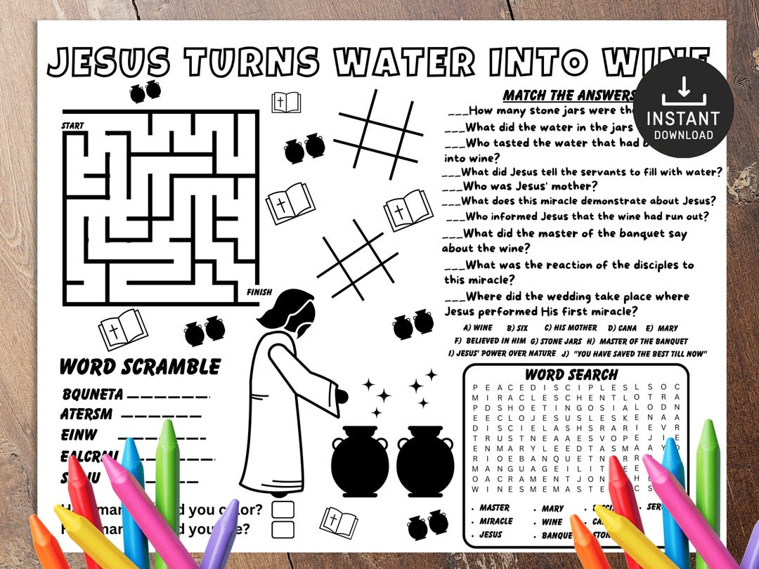 Jesus Turns Water Into Wine Activity Placemat, Bible Activity, Sunday ...