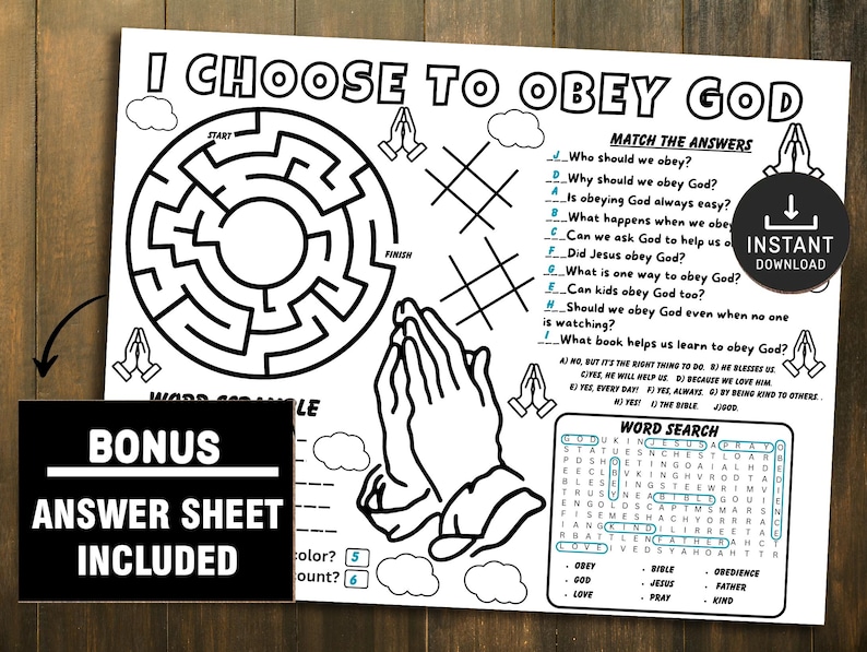 I Choose to Obey Activity Placemat, Bible Activity, Sunday School ...