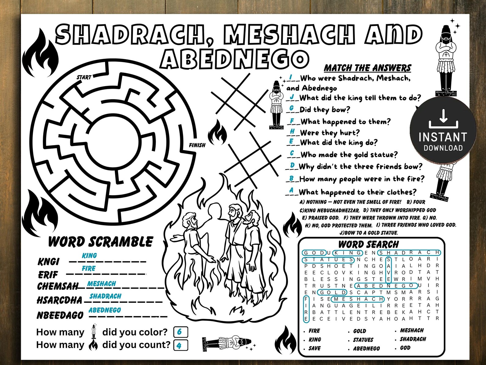 Shadrach Meshach Abednego, Activity Placemat, Bible Activity, Sunday ...