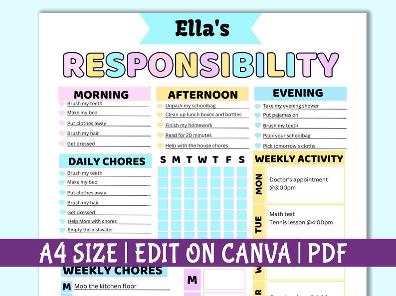 Editable Responsibility Chore Chart for Kids Printable Kids Daily ...