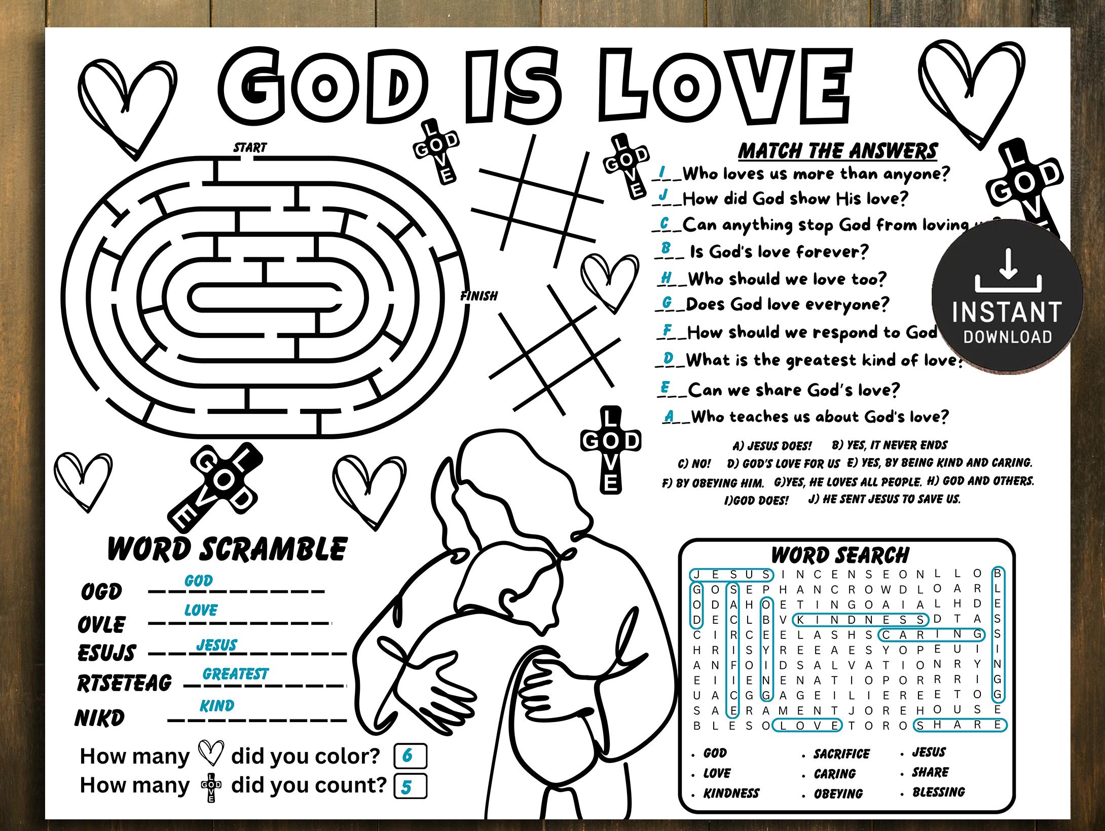 God is Love Activity Placemat, Bible Activity, Sunday School, Bible ...
