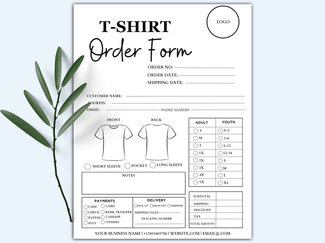 Editable T-shirt Order Form Template, Printable Small Business Order ...