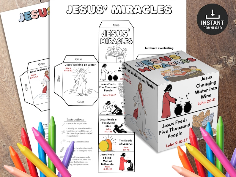 Jesus Miracles Coloring Cube, Printable Bible Verse Activity, Kids Bible Lesson, Memory Game ...