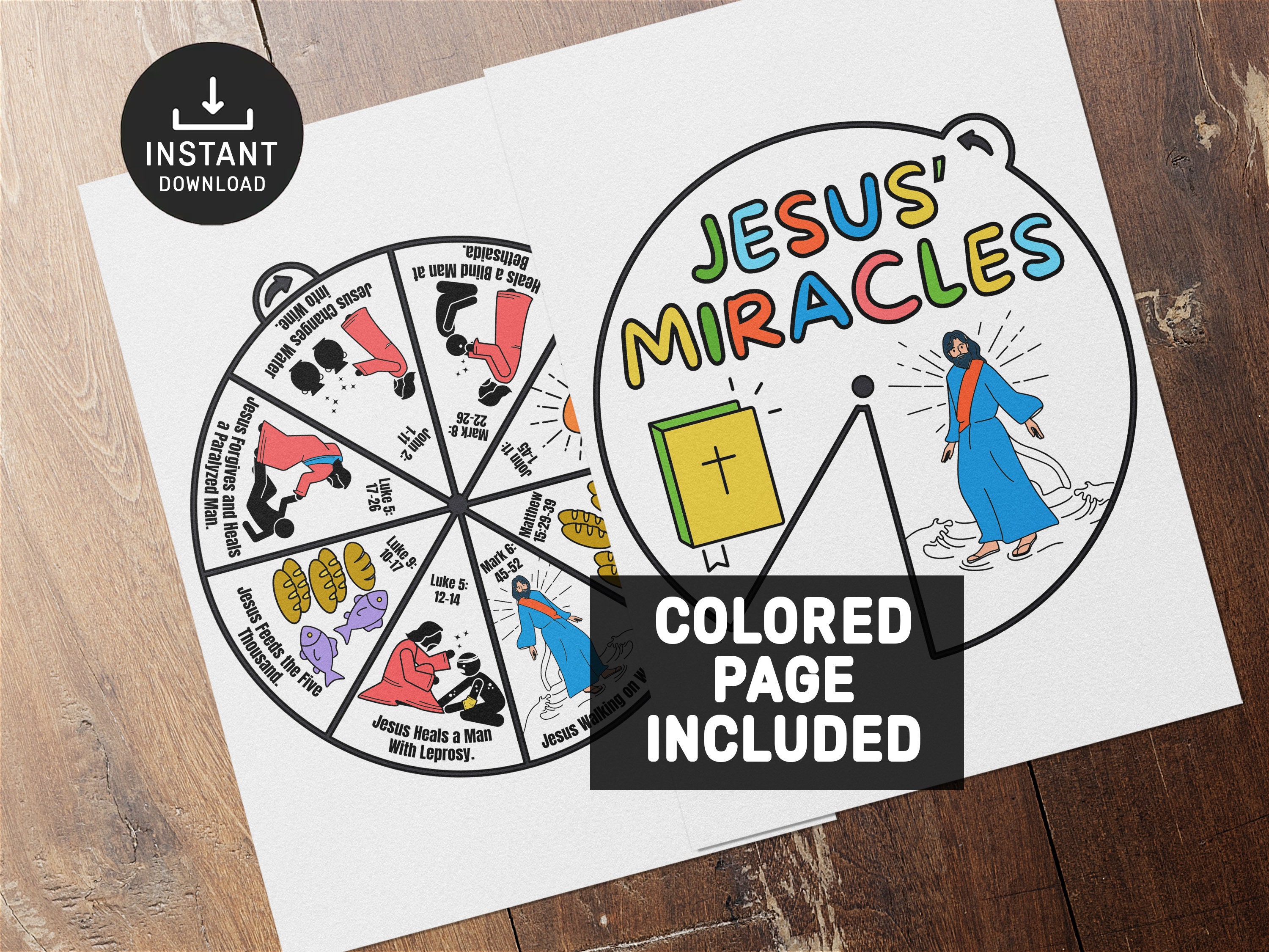 Jesus Miracles Coloring Wheel, Printable Bible Verse Activity, Kids ...