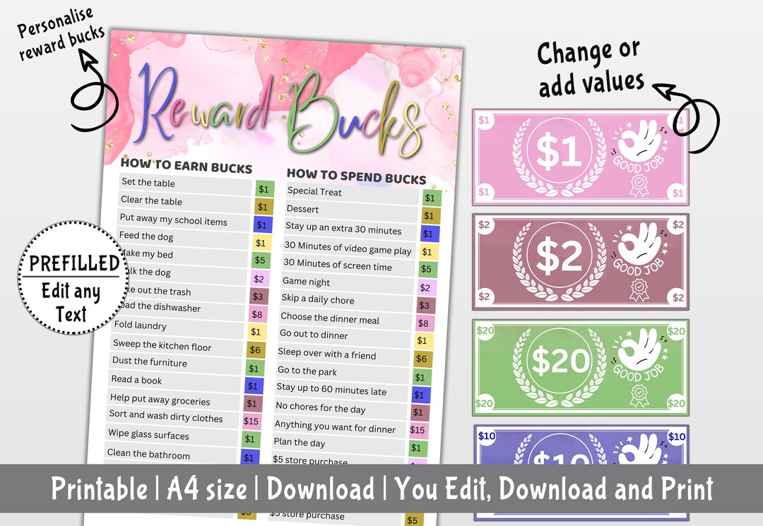 Kids Reward Bucks Printable, Kids Reward Coupons, Chore Bucks ...