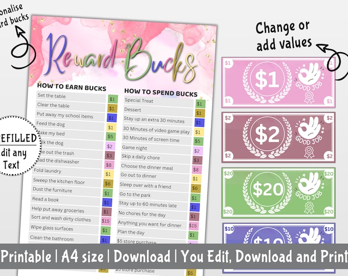EDITABLE Kids Reward Bucks Printable, Kids Reward Chore Bucks ...