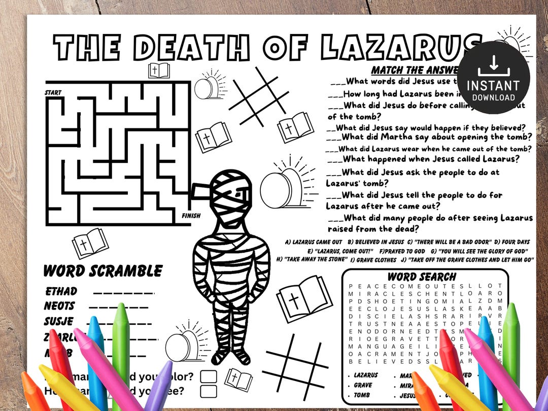 Lazarus Activity Placemat, Bible Activity, Sunday School, Bible ...
