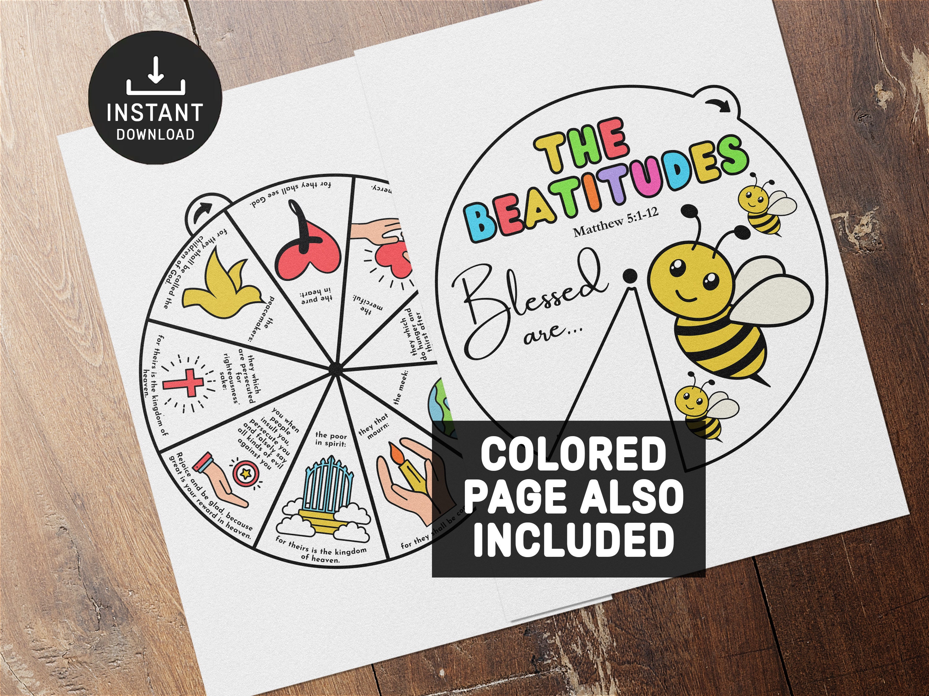 Beatitudes Coloring Wheel, Printable Bible Verse Activity, Watercolor ...