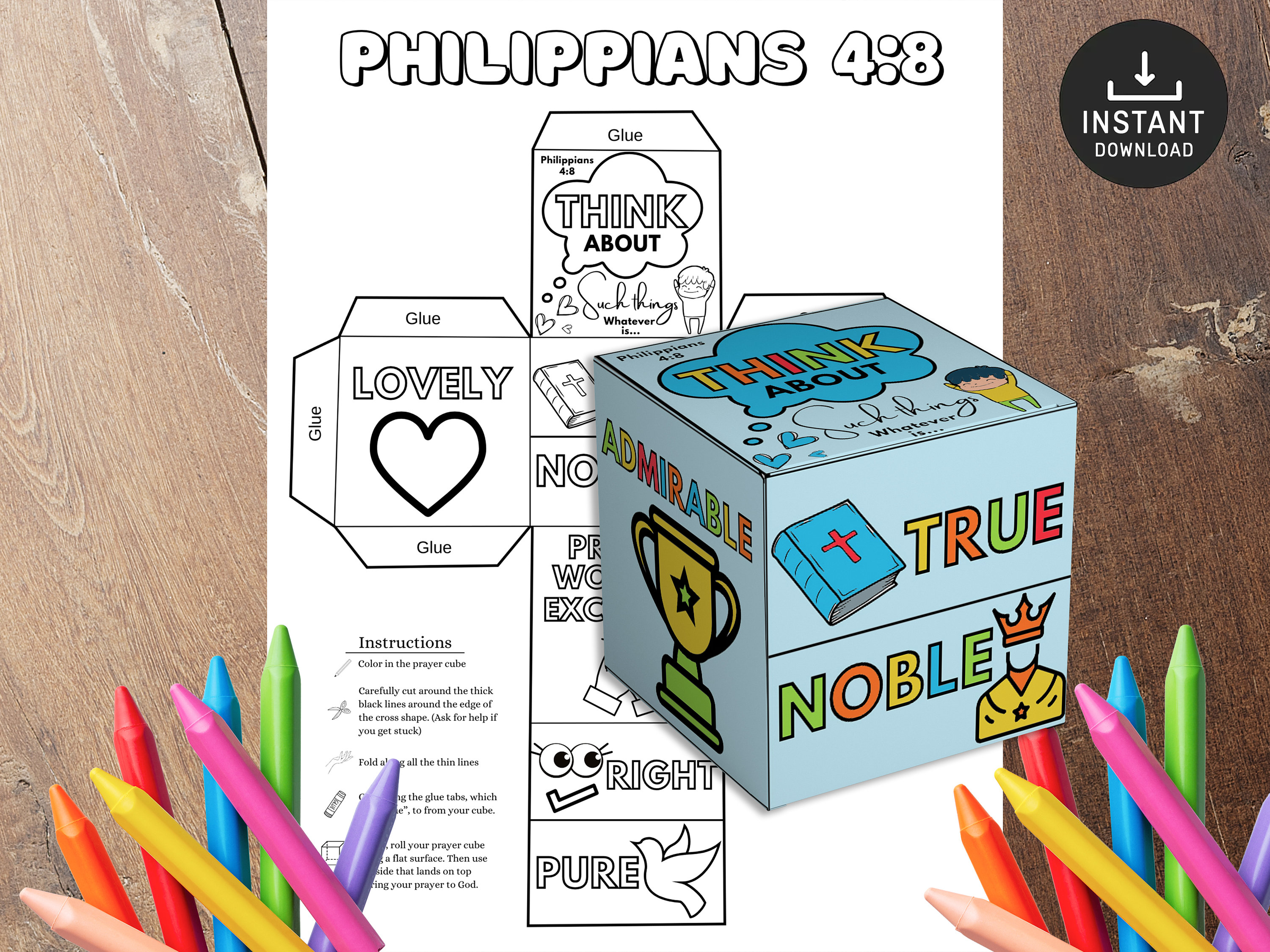 Think About Such Things Philippians 4:8 Coloring Cube, Bible Activity ...