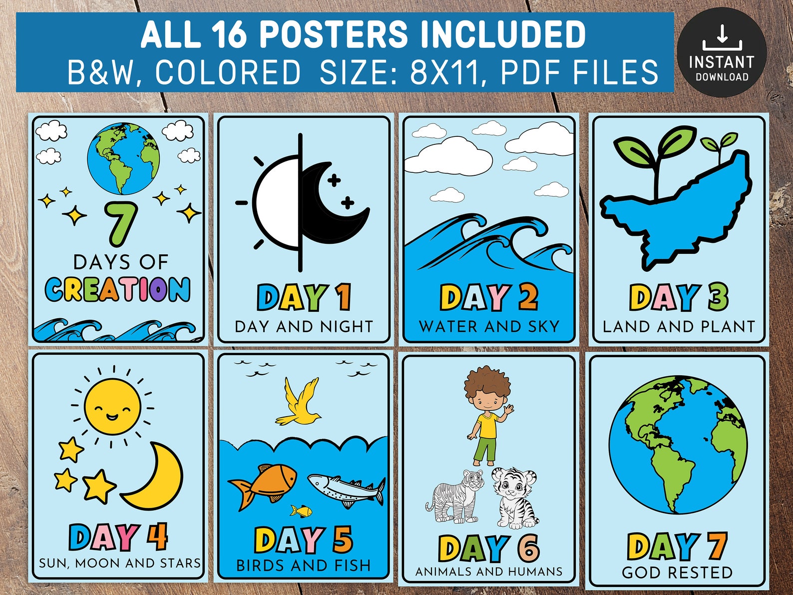 The 7 Days of Creation Flash Card, Printable Bible Activity, Watercolor ...