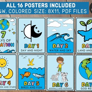 The 7 Days of Creation Flash Card, Printable Bible Activity, Watercolor ...