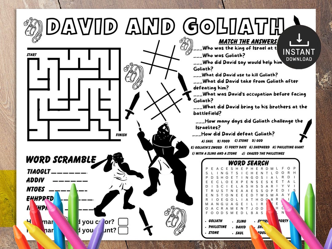 David and Goliath Activity Placemat, Bible Activity, Sunday School ...