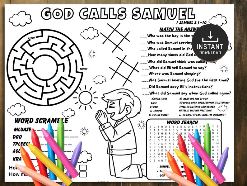 God Calls Samuel Activity Placemat, Sunday School, Bible Placemat ...
