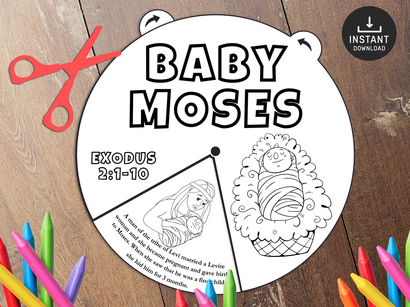 Baby Moses Coloring Wheel, Printable Bible Activity, Watercolor, Kids ...